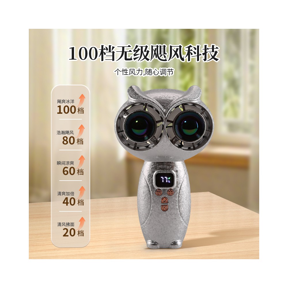 Owl Dual-Turbine USB Rechargeable Handheld Fan with LED Display